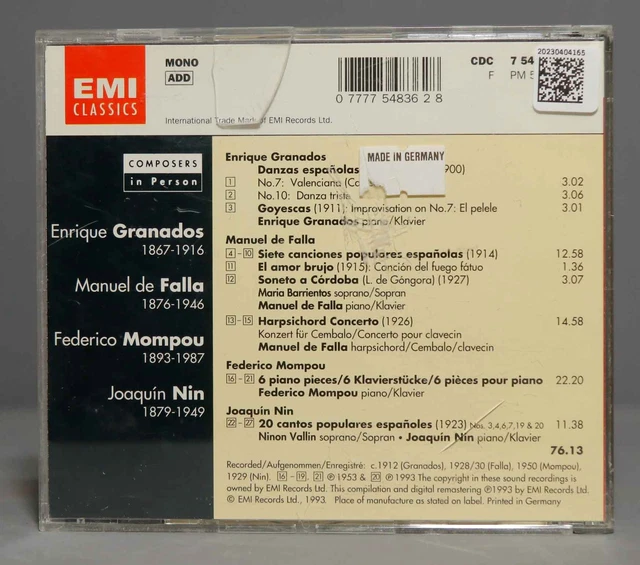 CD. MANUEL DE Falla / Enrique Granados / Federico Mompou / Joaquí EUR ...