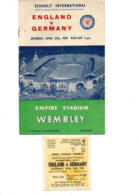 ENGLAND V GERMANY/ Schools Inter. + ticket & song sheet/ 1959 ...