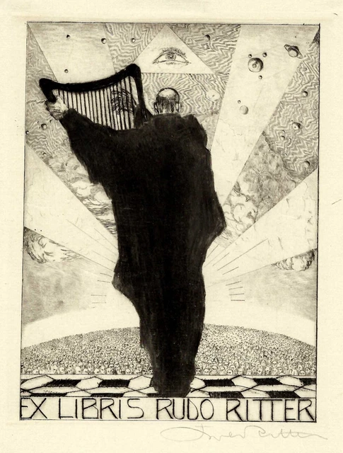 KARL RITTER: EXLIBRIS / Harfner im Kosmos vor tausendköpfiger Menge ...