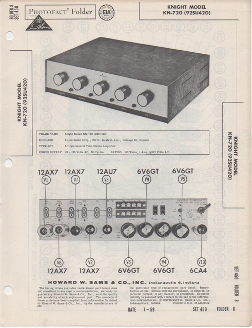 1959 KNIGHT KN-720 Amplifier Service Manual Photofact Schematic 92Su420 ...