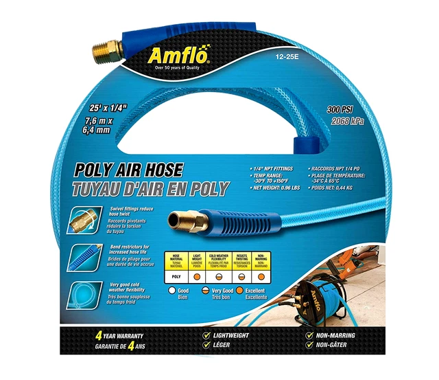 25 FT AMFLO 12-25E Blue 300 PSI Polyurethane Air Hose 1/4"Cold Weather ...