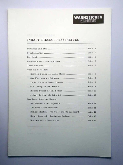 WARNZEICHEN GEN-KILLER - Kathleen Quinlan - Sam Waterston - Presseheft ...
