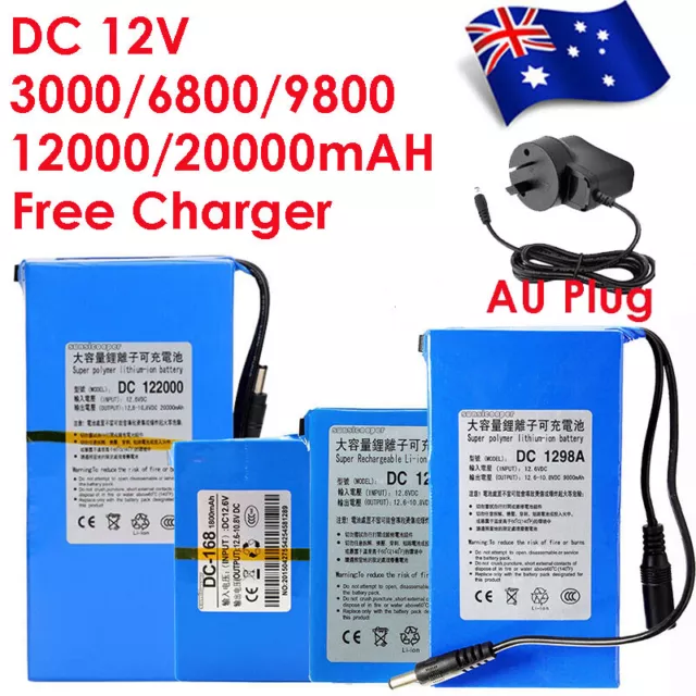 12V DC RECHARGEABLE Lithium-ion Battery Portable Pack w/ Charger Switch ...
