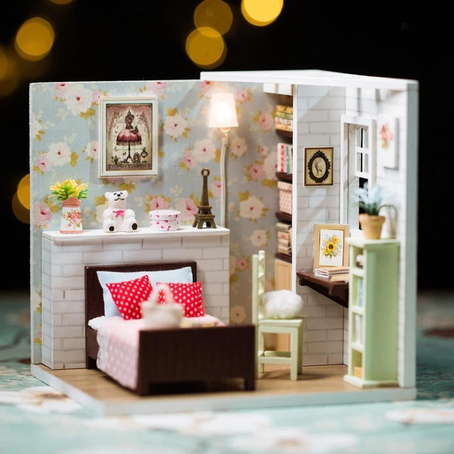 Diy Dollhouse Wooden Miniature Furniture Kit Mini Bedroom With Cover