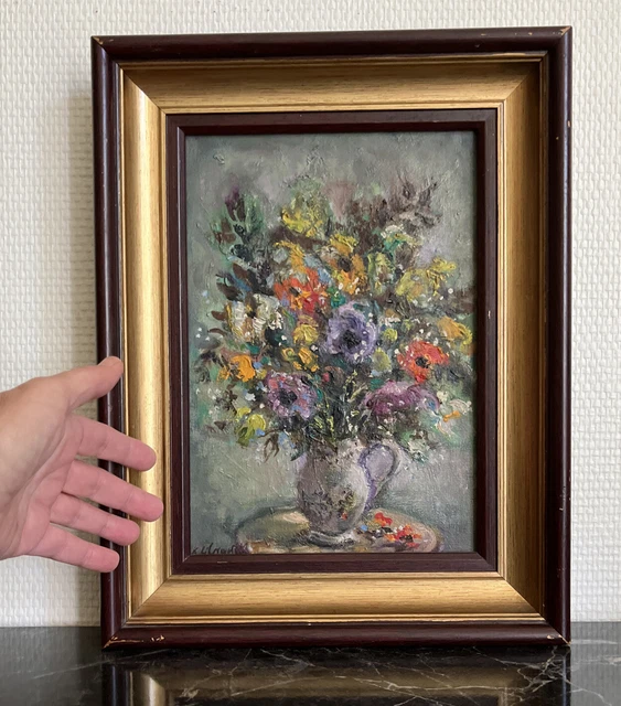 RARE ANCIEN TABLEAU art huile sur toile hst fleurs design vintage signed signé ? EUR 34,50 ...