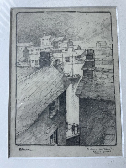 RARE FRED DEARDEN pencil framed sketc ‘ a peep in the harbour Polperro ...
