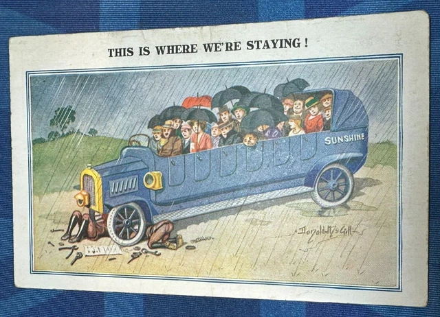VINTAGE DONALD MCGILL Comic Postcard 1920s Charabanc Bus SUNSHINE No ...