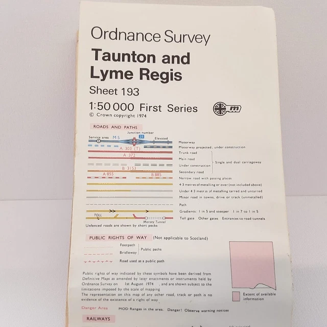 VINTAGE 1974 ORDNANCE Survey OS Map Sheet No 193 - Taunton, Lyme Regis ...