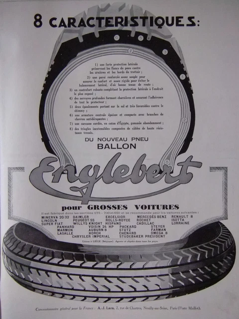 PUBLICITÉ 1929 ENGLEBERT Nouveau Pneu Ballon Pour Grosses Voitures EUR ...