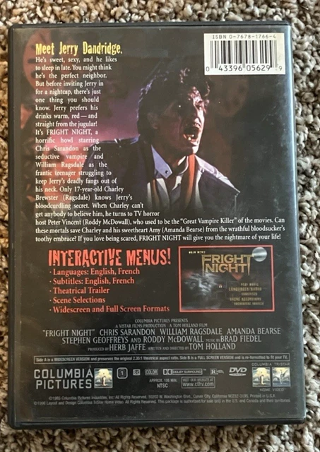 FRIGHT NIGHT DVD 1985 Chris Sarandon Roddy McDowall Amanda Bearse ...