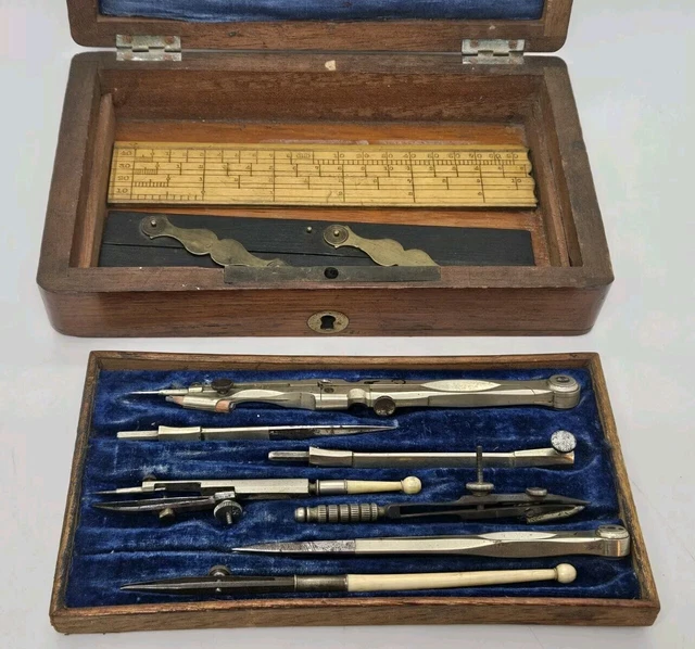 ANTIQUE 19TH C. Victorian Mahogany Cased Small Drafting Tool Set $149. ...