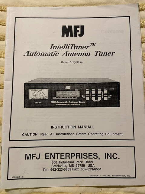 MFJ INTELLITINER AUTOMATIC Antenna Tuner MFJ-993B Instruction Manual £6 ...