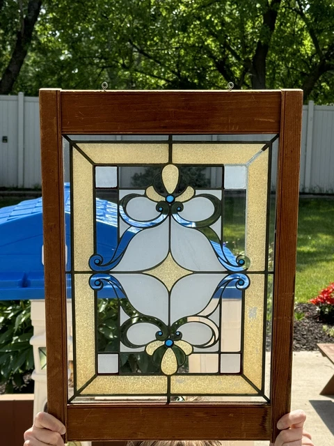 ANTIQUE STAINED AND textured glass window 14.5” W x 21” L With Wood ...
