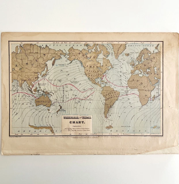 MAP OF THE World 1884 Thermal Tidal Chart Victorian Lithograph Antique ...