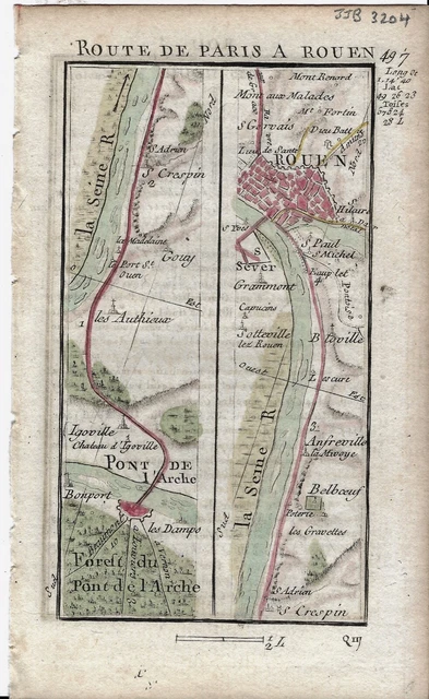 MAPPA ANTICA, ROAD: Pont-de-l'Arche to Rouen. 1774, guida reale di L ...