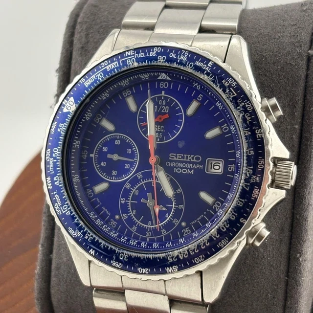 SEIKO FLIGHTMASTER PILOT 7T92-0CF0 Quartz Chronograph Blue Dial Mens ...