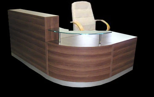 RECEPTION DESK IN Walnut Curved Glass Unit Aluminium Plinth Walnut ...