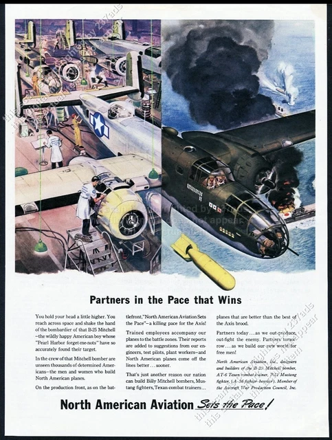 1944 USAF B-25 Mitchell bomber plane WWII battle art NAA vintage print ...