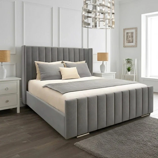 LUXURY DOUBLE WINGED Panel Bed Frame Plush Velvet Upholstered Gas Lift ...