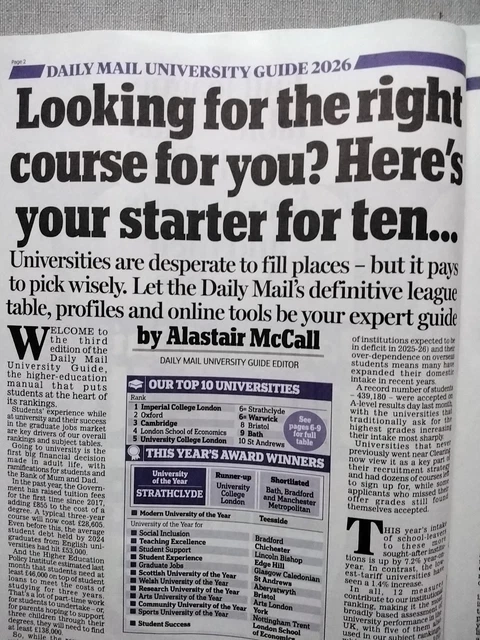 DAILY MAIL UK University Guide 2026 September 2025 9/25 Full League ...
