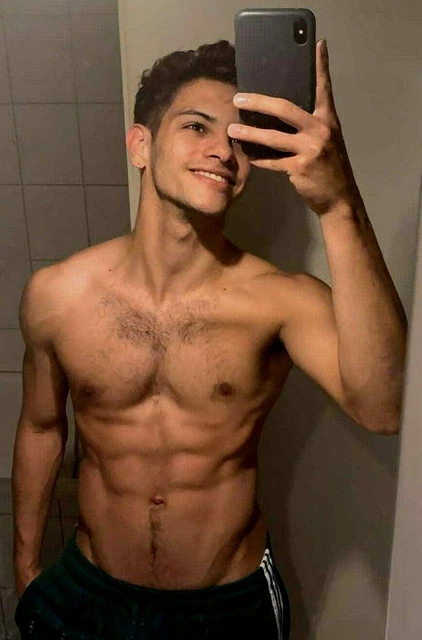 Shirtless Male Muscular Lean Smiling Frat Jock Hunk Selfie Guy Photo