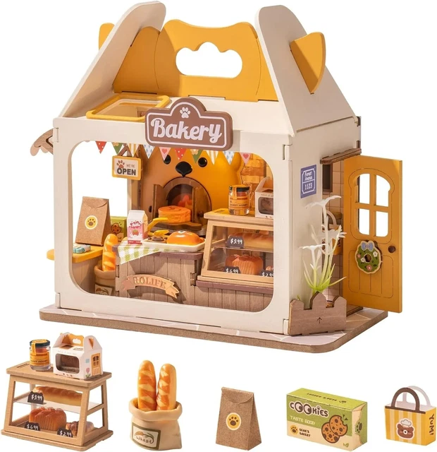 ROLIFE WOODEN MINIATURE House DIY Mini Dollhouse Bakery Box with LED ...