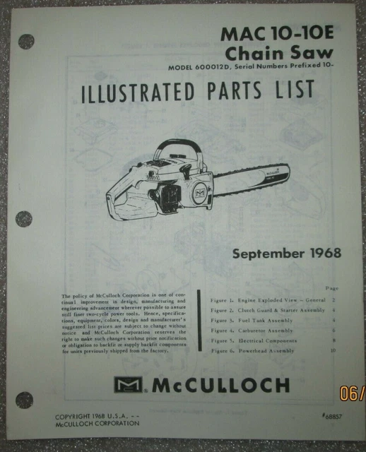 MCCULLOCH MAC 10-10E CHAIN SAW ILLUSTRATED PARTS LIST CATALOG ORIGINAL ...