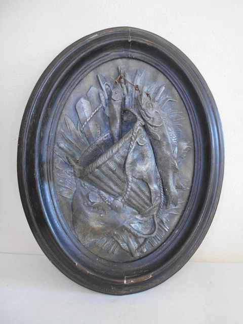ANCIEN TABLEAU TROPHÉE de pêche bas relief poissons en métal cadre bois ...