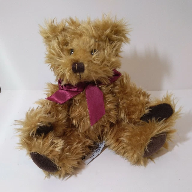 RUSS BERRIE GREGORY Teddy Bear Shaggy Golden Brown Burgundy Ribbon 10 ...