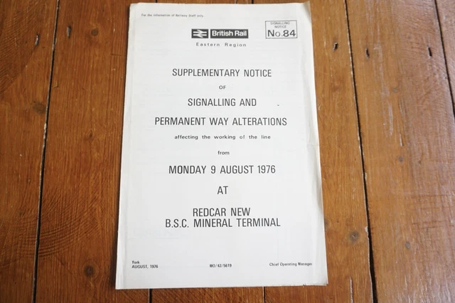 1976 REDCAR SIGNAL Box Railway Signalling Diagram Notice Map Eastern ...