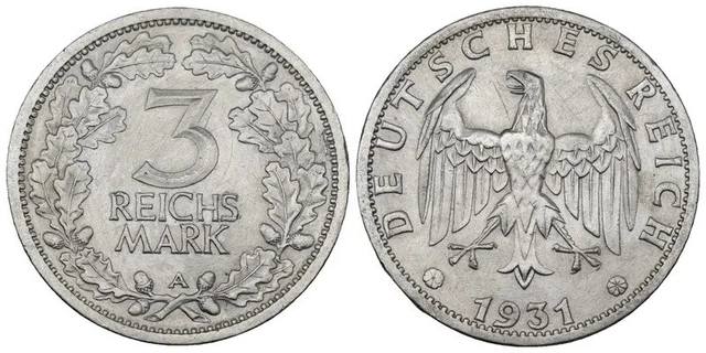 DEUTSCHLAND WEIMARER REPUBLIK - 3 Reichsmark Mark 1931 A - J. 349 fast ...