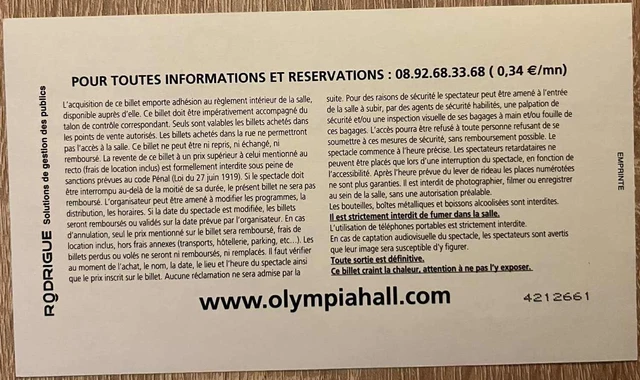 SYLVIE VARTAN - Ticket concert n° OR 1512 - Olympia Paris - Jeudi 4 ...