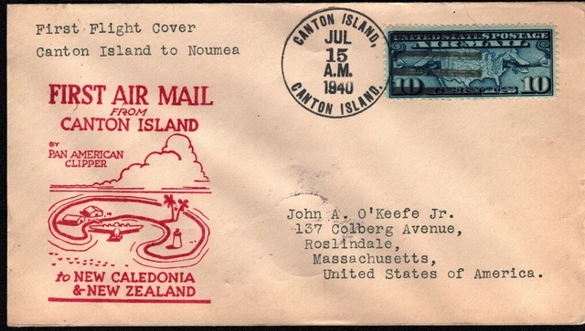 1940 CANTON ISLAND Noumea New Caledonia First Flight Airmail Cover Ffc ...
