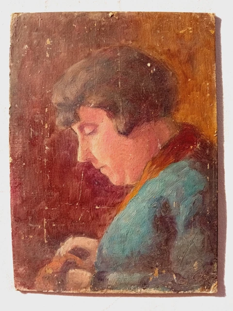 ANCIEN TABLEAU PORTRAIT de FEMME profil tête penchée peinture visage ...