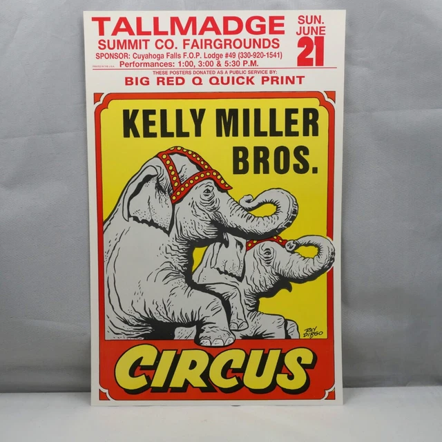 VINTAGE KELLY MILLER Circus Poster Elephants Ray Dirgo NOS 17 x 11 June ...