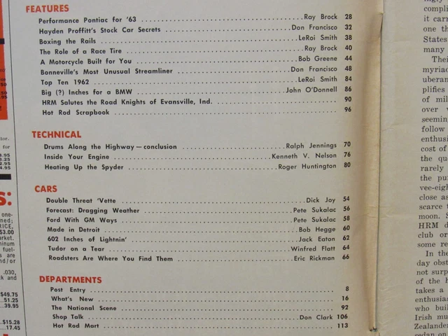 HOT ROD MAG MAR 1963; PONTIAC HP FOR'63, HARLEY-DAVIDSON SPRINT, CUSTOM ...