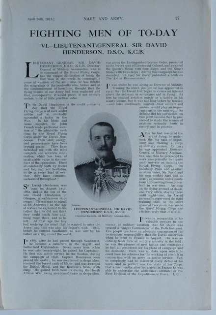 1915 WW1 IMPRIMÉ Lieutenant Général Sir David Henderson Militaire ...