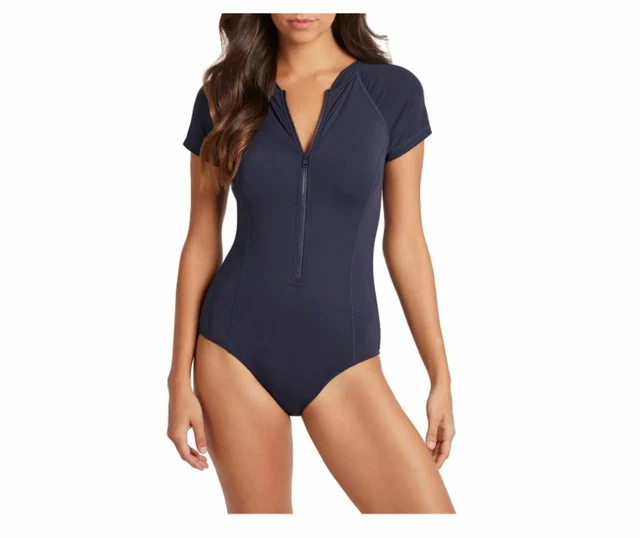 Sea Level Front Zip One Piece Swimsuit Night Sky Blue 10 £49 56