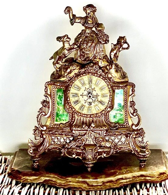 ANTIQUE FRENCH MANTEL Clock Modern German Internals Spelter Brass ...