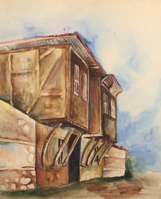 SCÈNE DE VILLAGE de paysage de peinture à l’aquarelle originale vintage EUR 166,55 - PicClick FR