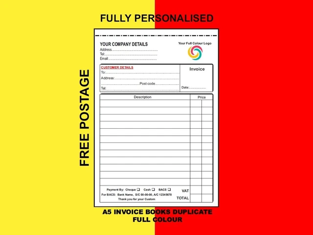 A5 PERSONALISED INVOICE Books Duplicate, Receipt pads on NCR paper full ...