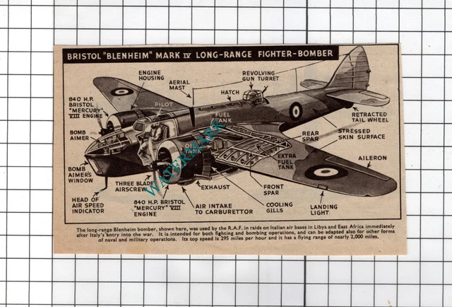 BRISTOL BLENHEIM MARK IV Fighter Plane Diagram WW2 - 1940 Small ...
