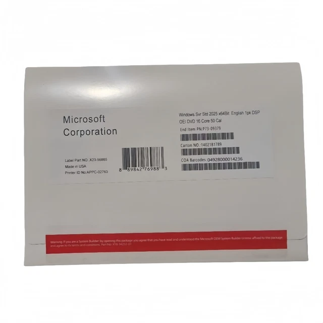 MICROSOFT WINDOWS SERVER 2025 Standard 64Bit 16 Core 50 CALs DVD With ...
