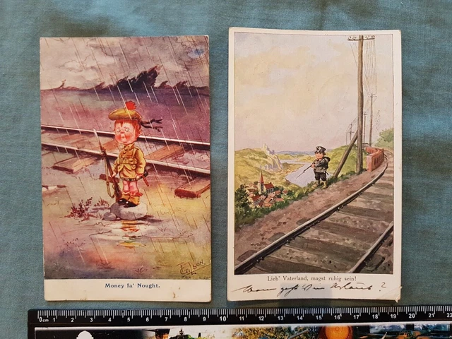 WW1 BRITISH & German comic postcards (2x) guarding railway lines c.1915 ...