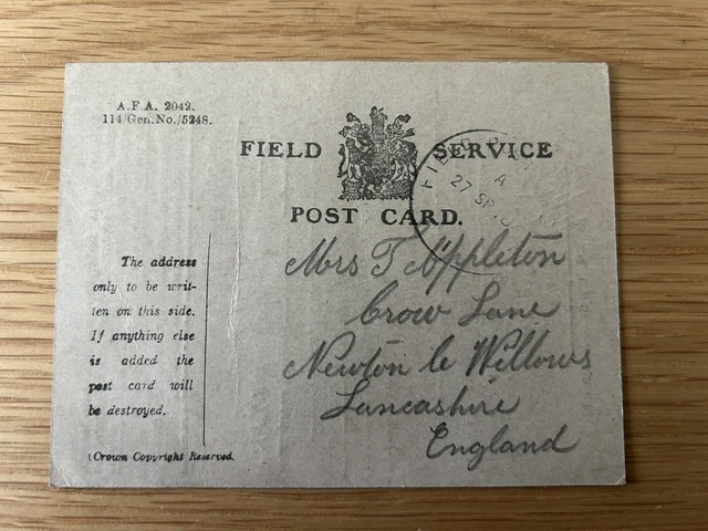 WW1 FIELD SERVICE Postcard A.F.A 2042. Newton Le Williams. 26th ...