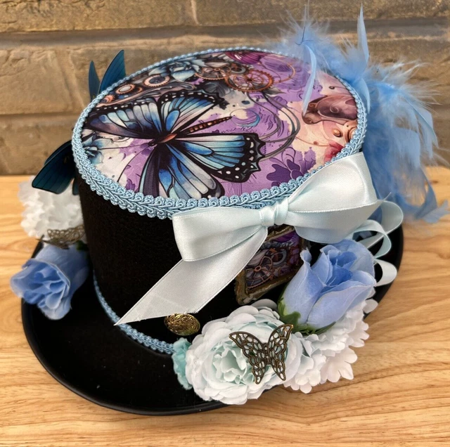 GIRLY BLACK BABY Blue Steampunk Top Hat Feathers Butterflies Roses Bows ...