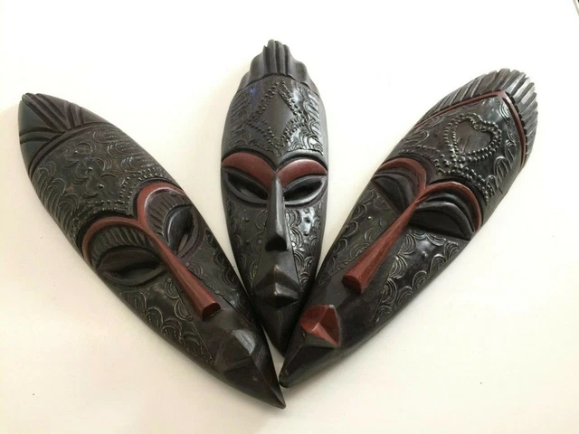 ANTICA ARTE AFRICANA Tris Maschere Etnia Fang MAE123 Cm 44x12 circa cad ...