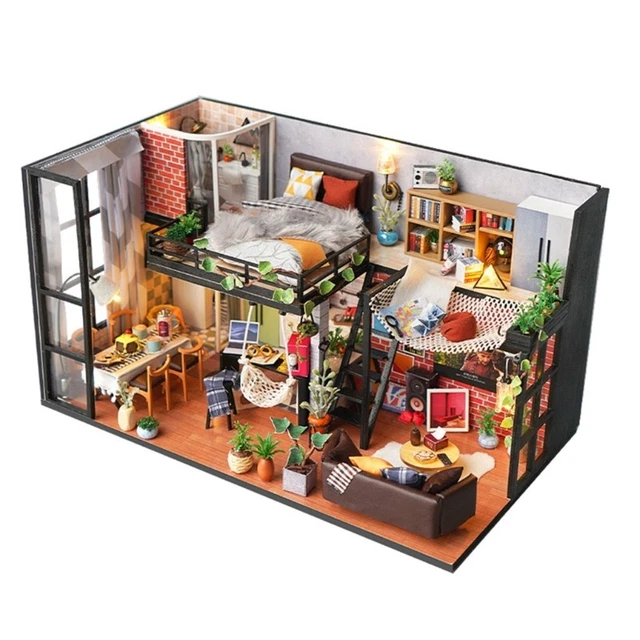DIY MINIATURE FURNITURE Dollhouse Kits Mini 3D House with Dust Cover ...