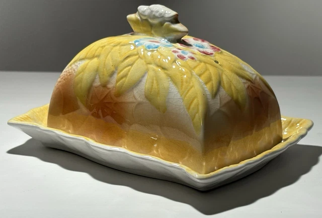 VINTAGE AVON WARE Hand Painted CHEESE/BUTTER DISH Webs Flowers Bright ...