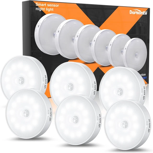 MOTION SENSOR LIGHTS Indoor 6 Pack Wireless USB Rechargeable Cupboard ...